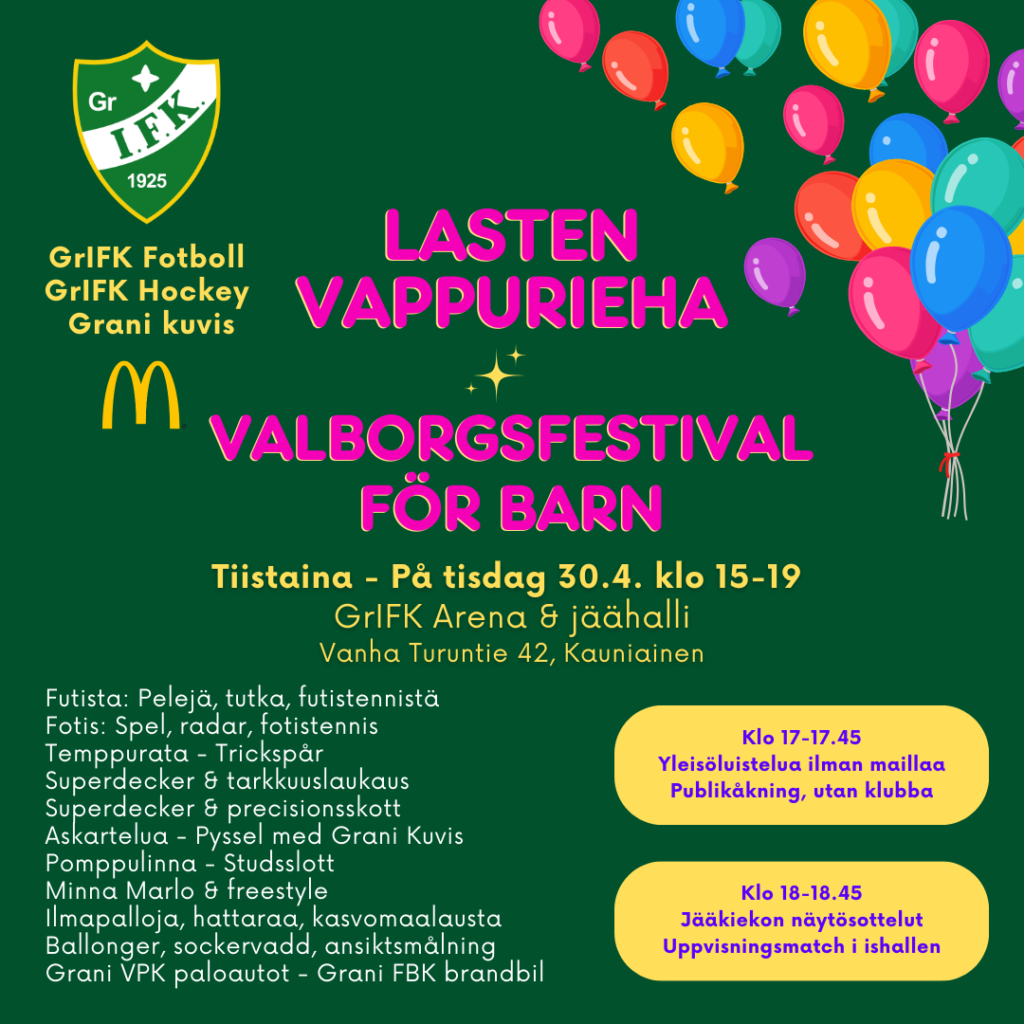 Lasten vappurieha GrIFK hallissa ti 30.4. klo 15-19 – GrIFK Fotboll
